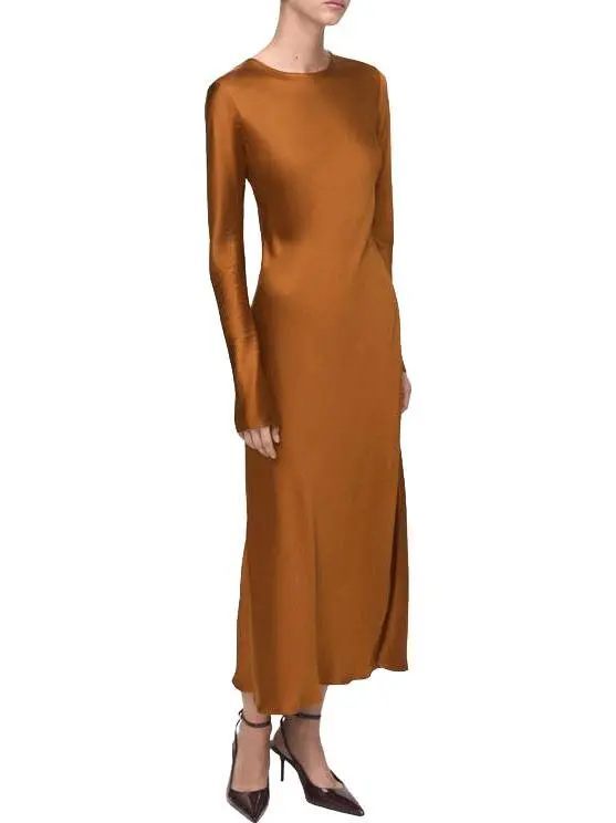 Mango Long Sleeve Satin Midi Dress - Ochre