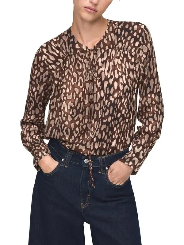 Mango Leopard Print Satin Tie Neck Top - Brown
