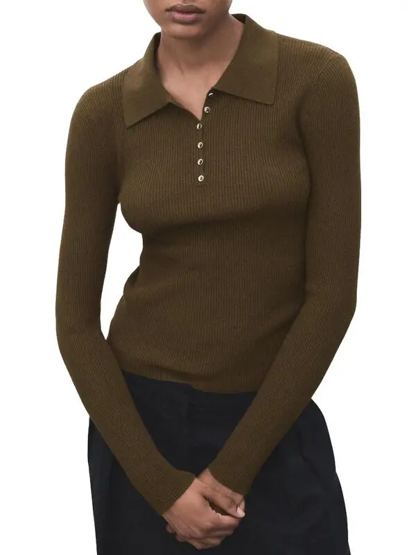 Mango Ribbed Long-sleeve Polo Sweater - Khaki Green