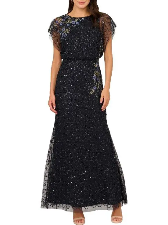 Adrianna Papell Beaded Illusion Lace Blouson Mermaid Gown - Midnight Multi