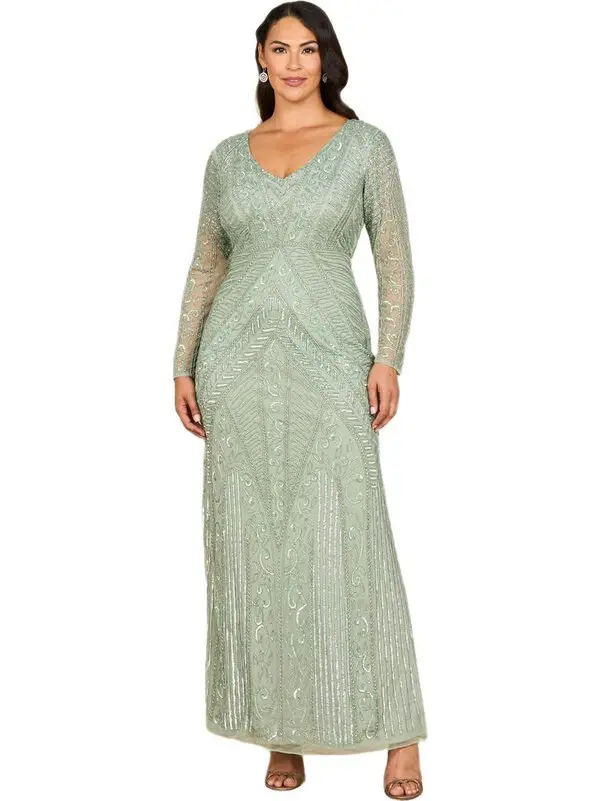 LARA NEW YORK Long Sleeve Geometric Beaded Gown - Dark Sage