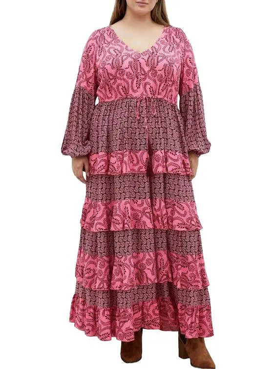 City Chic Clementine Long Sleeve Tiered Maxi Dress - Pink Print