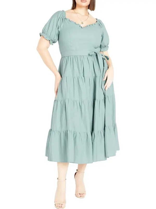 City Chic Puff Sleeve Tiered Midi Dress - Blue