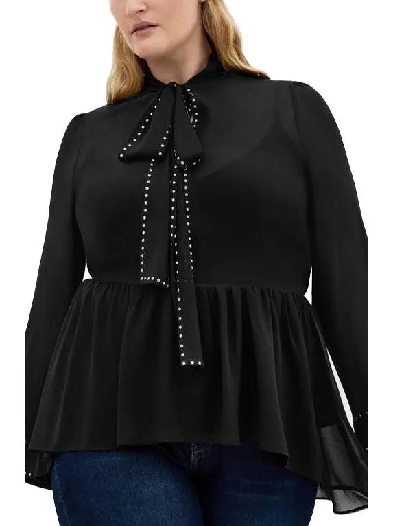 City Chic Studded Pussybow Sheer Top - Black