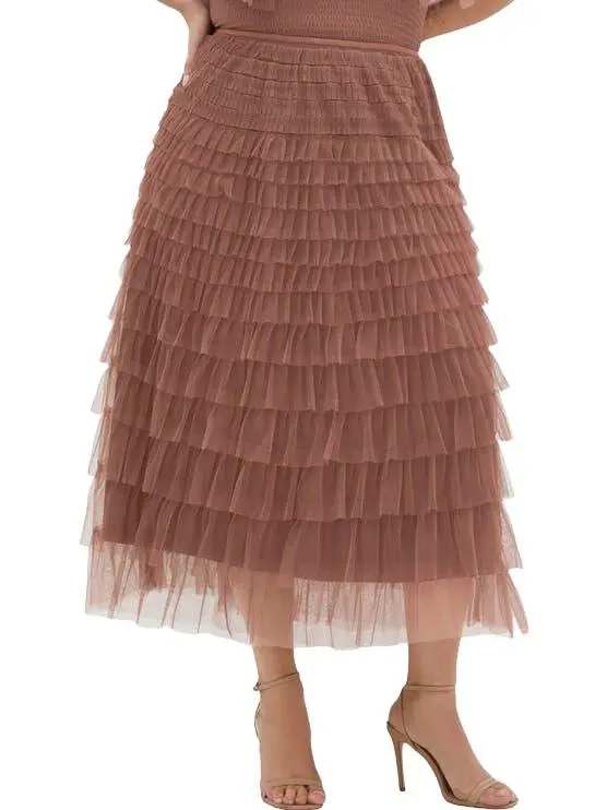 City Chic Averi Tiered Tulle Maxi Skirt - Roseberry
