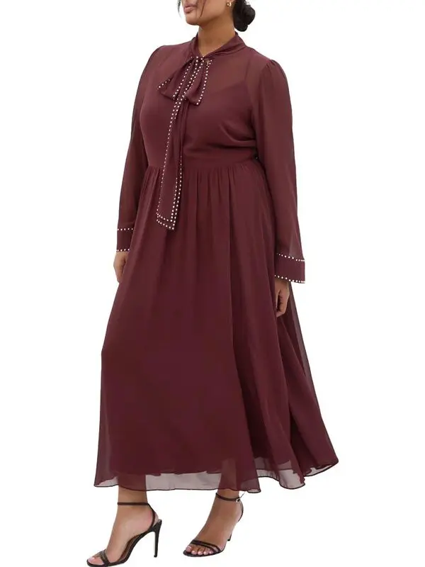 City Chic Kara Long Sleeve A-line Dress - Chocolate Cherry