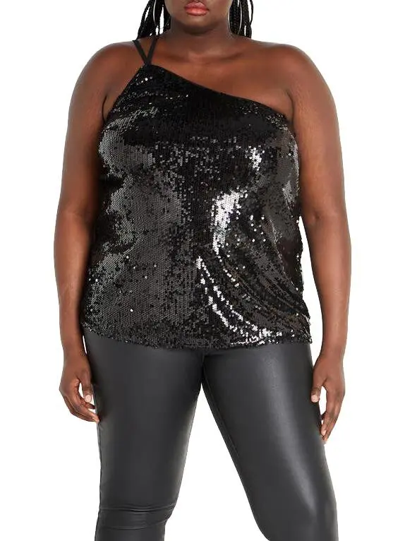 City Chic Sequin Embellished One-shoulder Top - Black