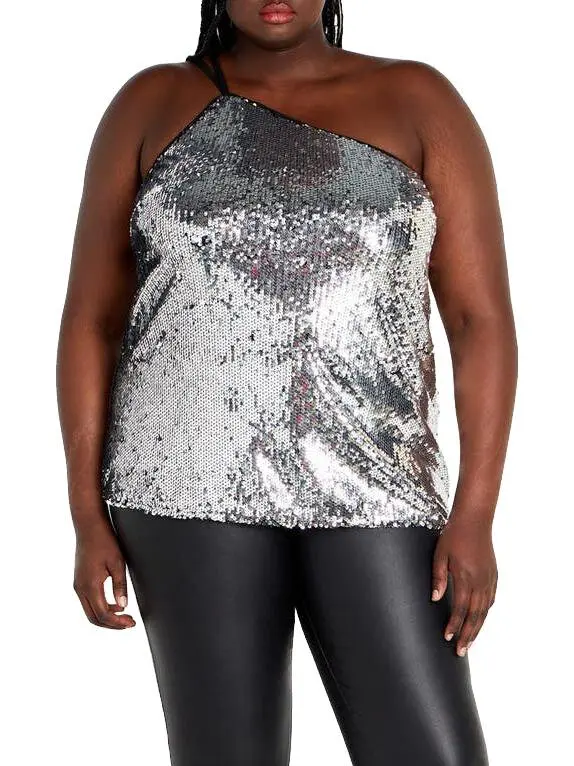 City Chic Sequin Embellished One-shoulder Top - Silver