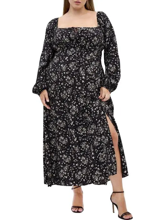 City Chic Abbigail Long Sleeve Floral Print A-line Dress - Black Ditsy