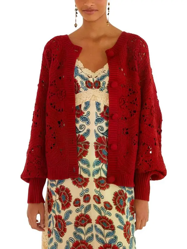 Farm Rio Openwork Buttoned Cardigan - Red