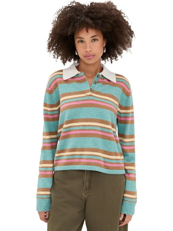 Guest In Residence Cashmere Cropped Stripe Rugby Pullover - Glacier Combo