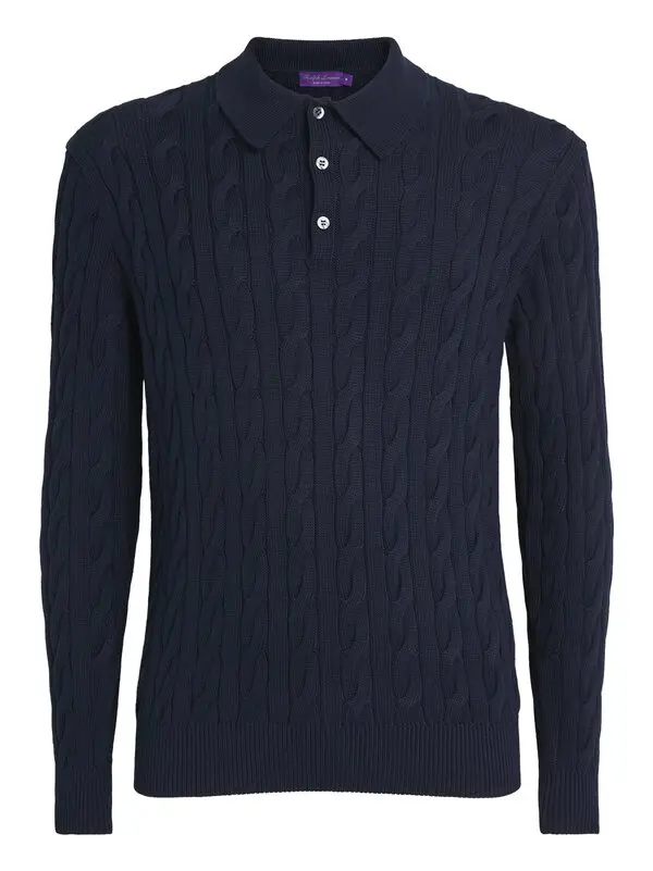 Ralph Lauren Purple Label Cotton-silk Cable-knit Polo Sweater - Navy