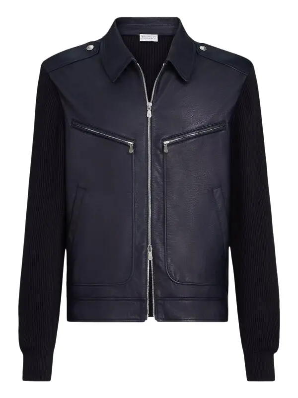 Brunello Cucinelli Knitted Leather Jacket - Blue