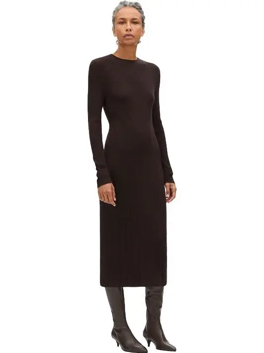 Another Tomorrow Rib Knit Tea Length Dress - Chocolate