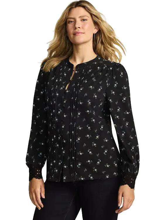 LANDS' END Lightweight Jersey Pintuck Top - Black/cobalt Tiny Floral