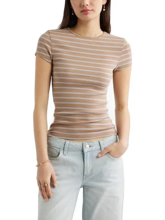 Bp. Stretch Cotton Blend Crewneck T-shirt - Brown F Blue F Lana Stripe