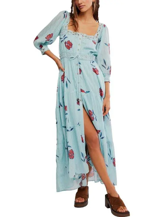 Free People Floral Lace Trim Maxi Dress - Pastel Blue Combo