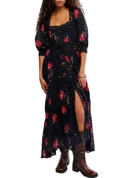 Free People Floral Lace Trim Maxi Dress - Red Pop Combo