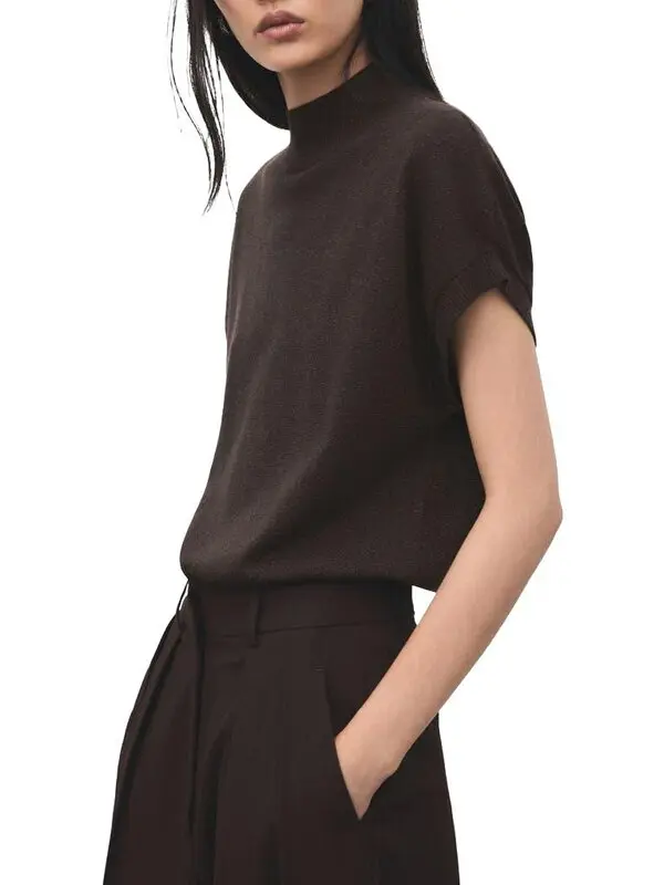 Mango Metallic Mock Neck Short Sleeve Sweater - Chocolate