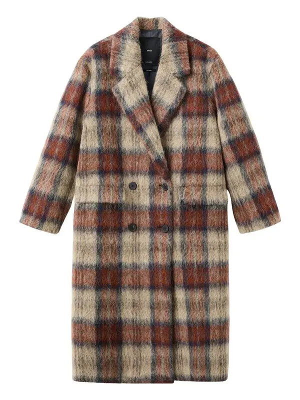 Mango Plaid Wool-blend Double-breasted Coat - Beige
