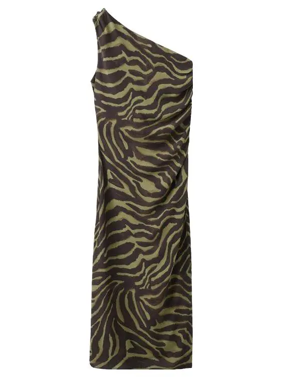 Mango Printed One-shoulder Midi Dress - Green