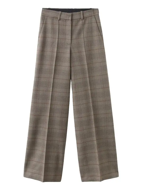 Mango High Rise Straight Leg Check Pants - Brown