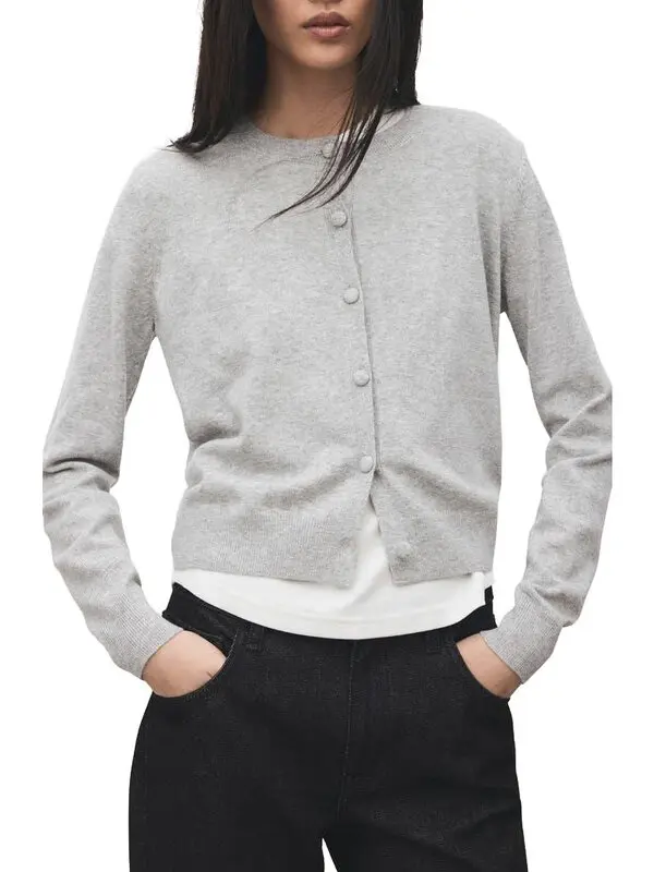 Mango Covered Button Crewneck Cardigan - Light Heather Grey