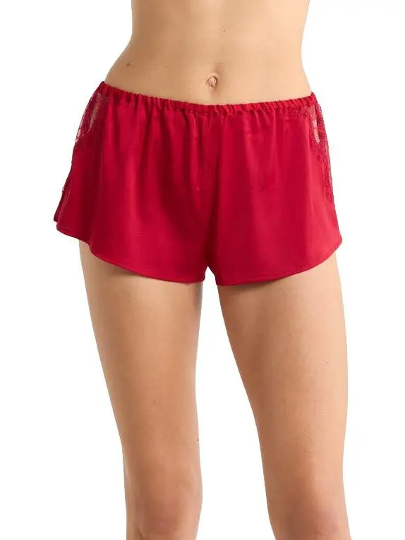 ETAM Eyelash Lace Trim Satin Shorts - Red