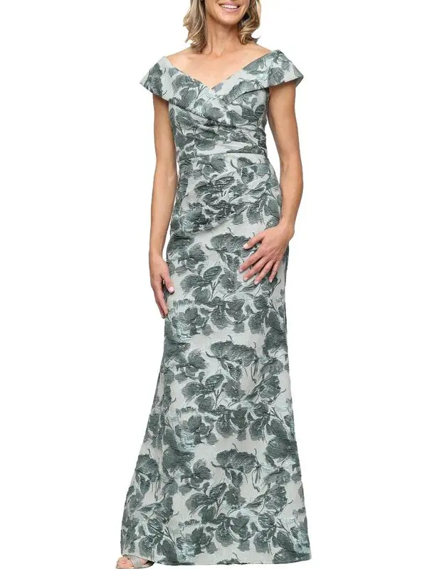 Alex Evenings Metallic Off-the-shoulder Jacquard Mermaid Gown - Sage