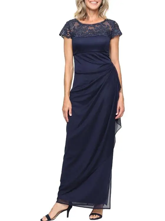 Alex Evenings Sequin Mesh Satin Gown - Navy