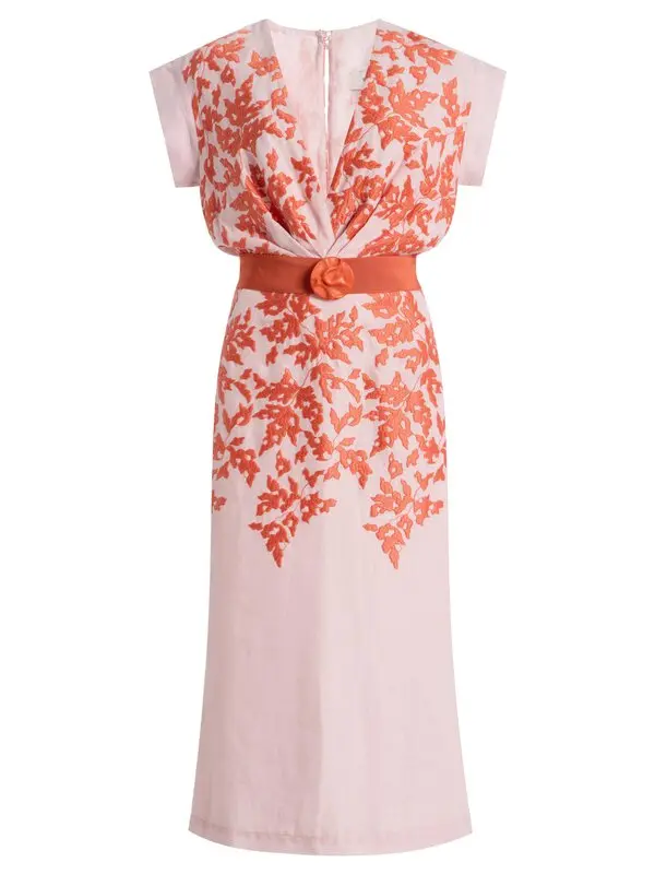 Silvia Tcherassi Olive Embroidered Cotton-linen Midi Dress - Pink