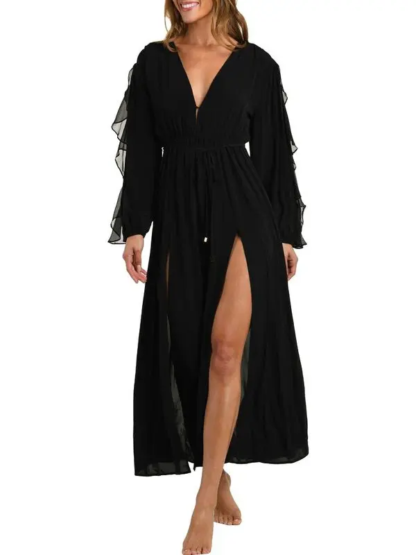 L'Agence Sara Ruffle Long Sleeve Chiffon Maxi Dress - Black
