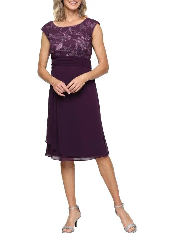 Alex Evenings Embroidered Bodice Chiffon Cocktail Dress - Plum