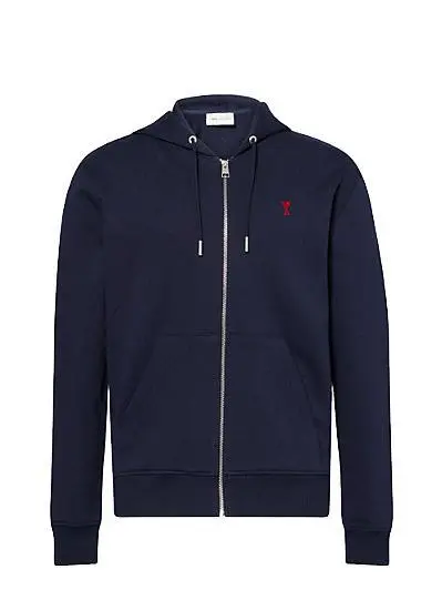 Ami Logo-embroidered Cotton-jersey Zip Hoody - Bleu Nuit