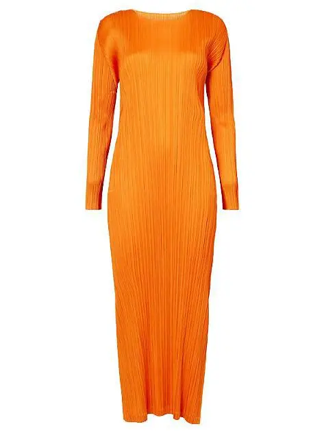 Issey Miyake Long-sleeve Pleated Midi Dress - Orange