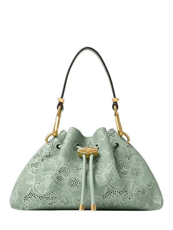 JIMMY CHOO Cinch Small Perforated Leather Bucket Bag - Verde/gold