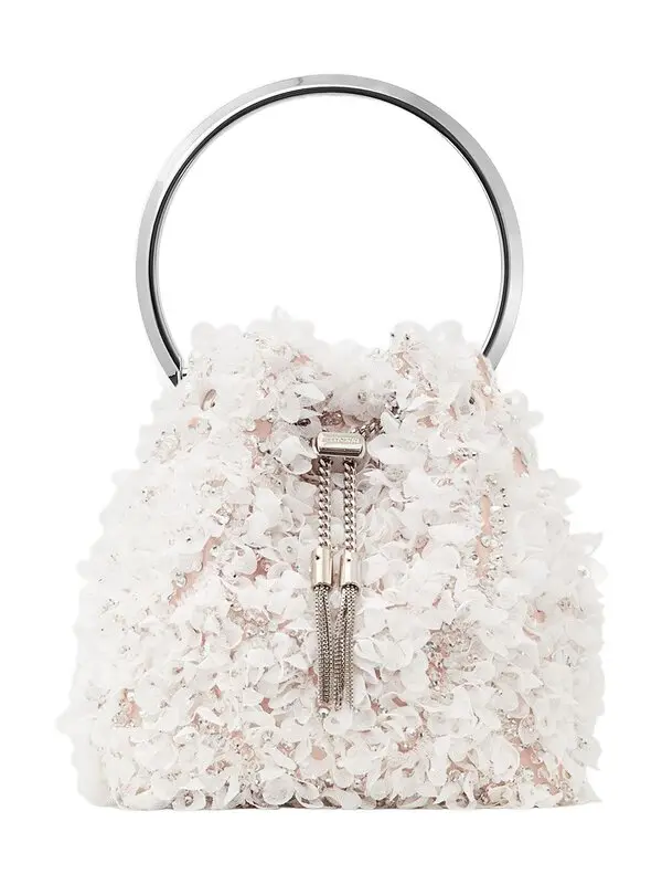 JIMMY CHOO Bon Bon Bucket Bag With Petal Embroidery - Ivory/silver