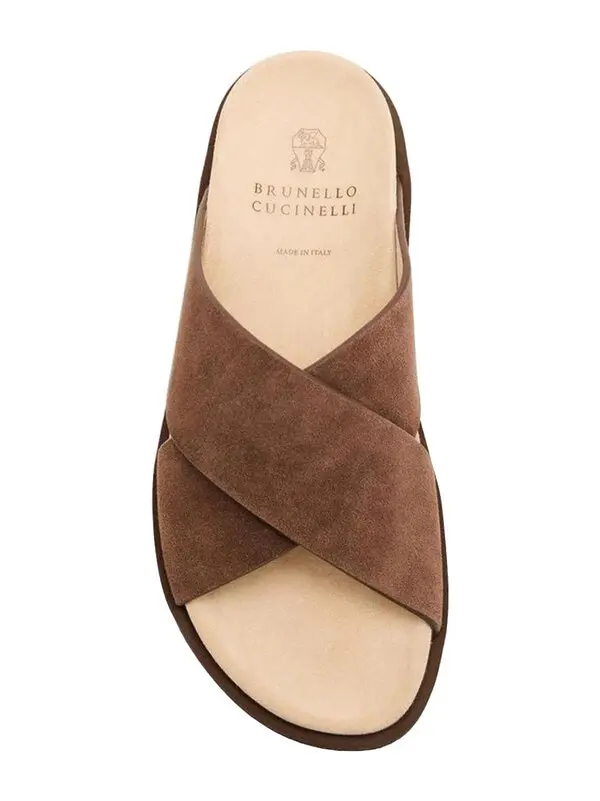 Brunello Cucinelli Cross-strap Suede Slides - Tan