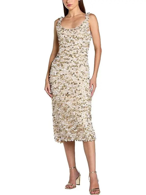 Mac Duggal Mesh Sleeveless Paillette Beaded Fitted Midi Dress - Oyster