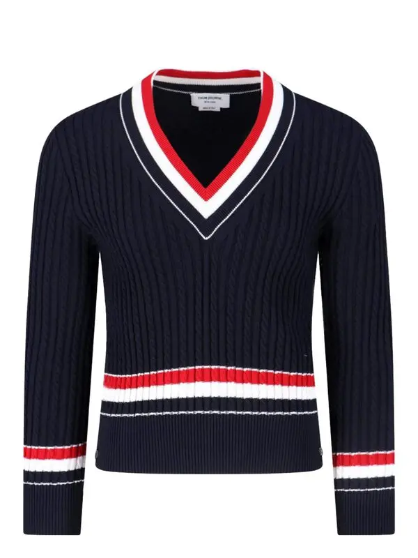 Thom Browne Cotton V-neck Sweater - Blue