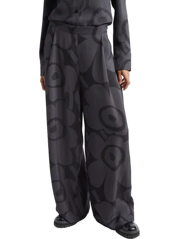 Marimekko Unikko Pleated Wide Leg Twill Pants - Black/dark Grey