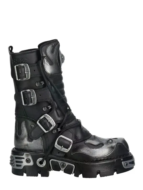 NEW ROCK Leather Buckled Boots - Black