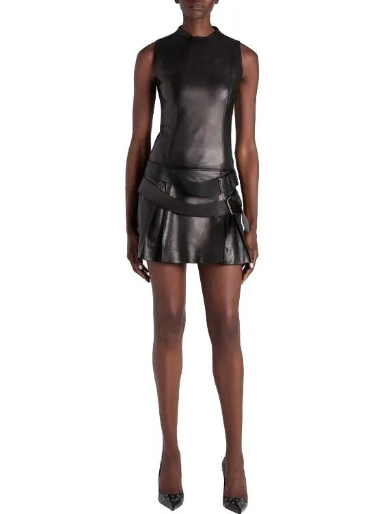 Alexander McQueen Double Belt Lambskin Leather Mini Dress - Black