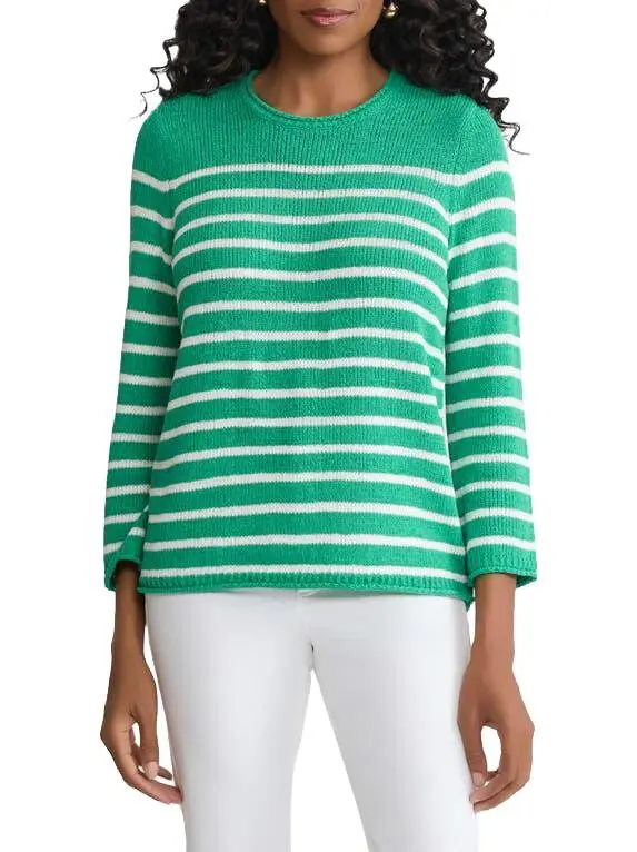 Jones New York Striped Crewneck Pullover Sweater - Kelly/white Sand