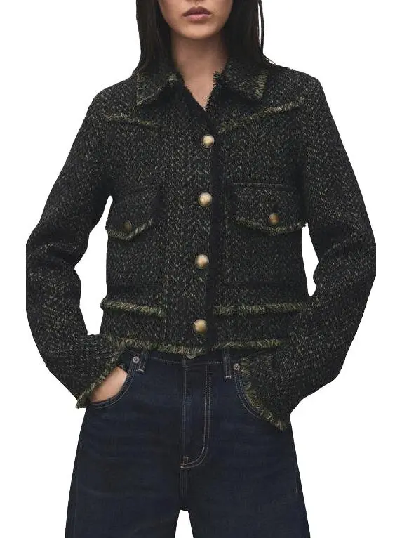 Mango Zip Front Tweed Jacket - Green