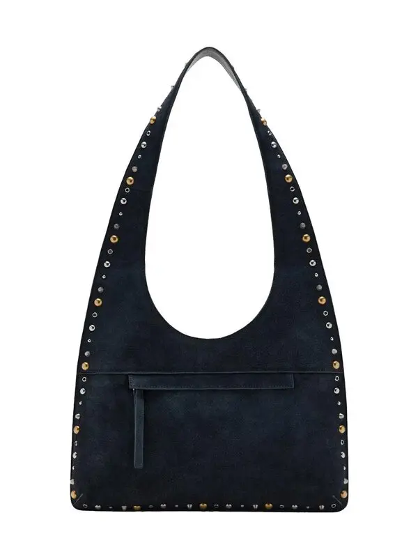 Mango Studded Suede Shoulder Bag - Navy