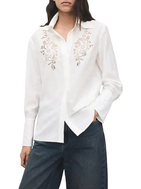 Mango Embroidered Lace Inset Button-up Shirt - Off White