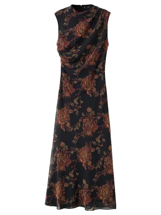 Mango Floral Shirred Dress - Black