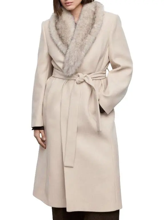 Mango Longline Trench Coat With Removable Faux Fur Collar - Light Ivory/pastel Grey