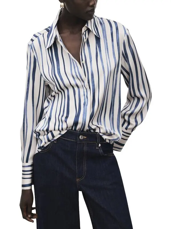 Mango Striped Satin Button-up Shirt - Navy